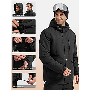 FREE SOLDIER Men's Waterproof Ski Jacket Fleece Lined Warm Winter Snow Coat with Hood Fully Taped Seams(Black,XXL)