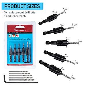 Countersink Drill Bit Set 5 pc,3in1 Woodworking Counterbore Hole Drill Bits,Tapered Countersink Bit,Depth Adjustable M2 Pilot Drill Bits, 82-Degree Chamfer, 1/4”Hex Shank