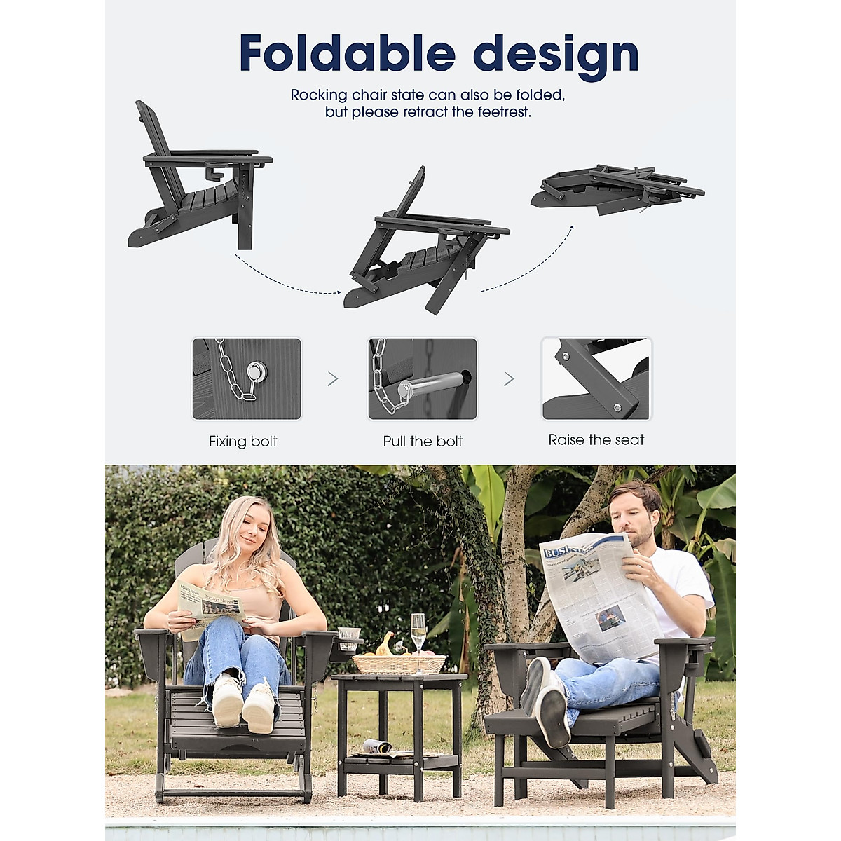 KINGYES Folding Adirondack Rocking Chair with Retractable Ottoman and Cup Holders, 4-in-1 Multifunctional HDPE Adirondack Chair for Porch, Patio, Balcony, Leaden Grey