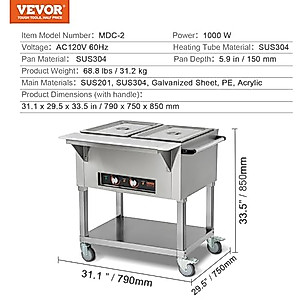 VEVOR 2-Pan Commercial Food Warmer, 2 x 20.6QT Electric Steam Table, 1000W Professional Buffet Catering Food Warmer with 4 Wheels (2 Lockable), Food Grade Stainless Steel Server for Party Restaurant