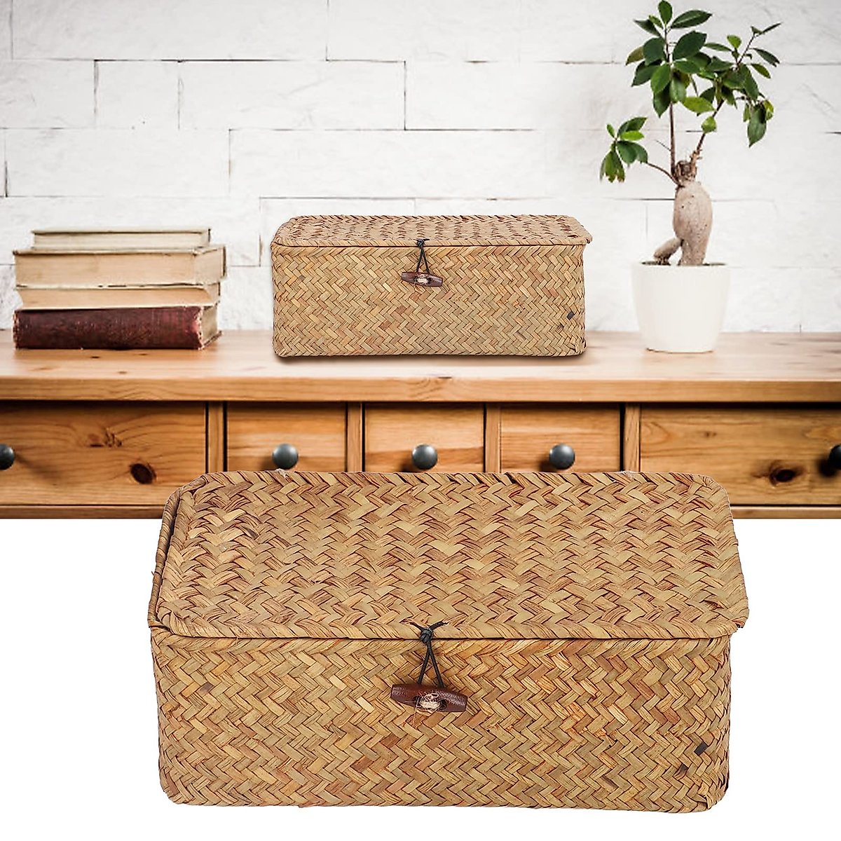 Jiawu Seagrass Baskets, Handwoven Seagrass Storage Bins with Lid, Multipurpose Rectangular Shelf Baskets, Household Boxes with Buckle, Small Rustic Container for Shelves Organizing (L)