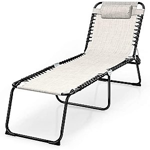 Tangkula Outdoor Folding Chaise Lounge Chair, 4-Position Adjustable Reclining Chair with Pillow, Portable Lightweight Beach Lounge Chair for Outdoor, Patio, Lawn, Sunbathing (1, Grey)