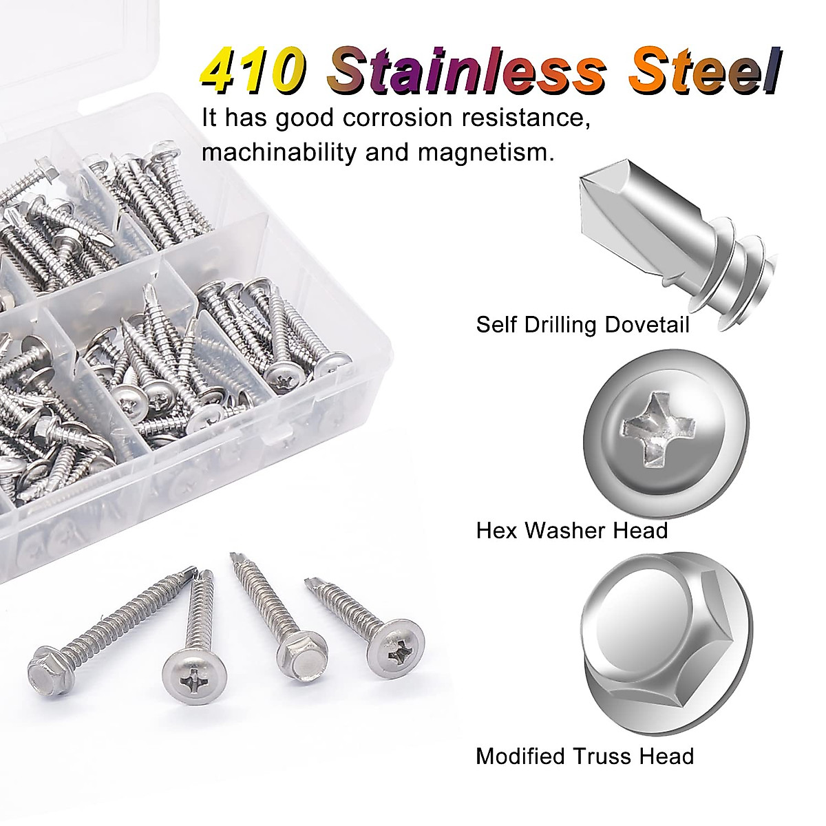 weideer 400pcs #8 Self Tapping Screws Sheet Metal Screws 410 Stainless Steel Truss Head Hex Washer Head Self Drilling Screws High-Strength Quick Tapping Screws (1/2"to1-1/2") K-056-400P