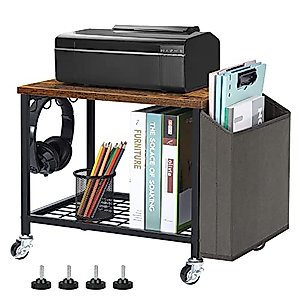 CADUKE 2 Tier Printer Cart Mobile Printer Table on Wheels, Printer Shelf with Storage Bag Under Desk Rolling Cart for Printer Organizer Stand with Hooks for Home Office, Farmhouse Brown and Black