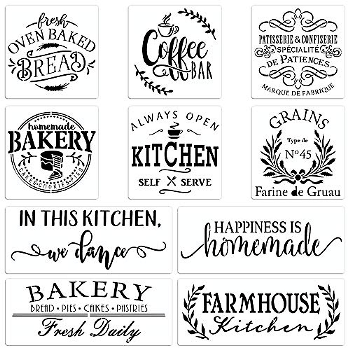 10 Set Farmhouse Kitchen Stencil, Homemade Bakery Rustic Sign Painting Stencils for Home Dining Room Wall Decoration Reusable Templates DIY Wood Sign