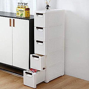 5 Tier Storage Drawers Rolling Cart, Plastic Drawers Unit on Wheels, Tower Narrow Slim Container Cabinet, Standing Shelf Units for Bathroom Bedroom Office Kitchen Living Room (7.5L x 16.6W x 35.8H)