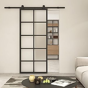 BARNSMITH 30in x84 in Glass Barn Door with Hardware Included Sfot Close Heavy Duty DIY Tempered Frosted Glass Barn Door Aluminum Frame Sliding Door Assemble Required