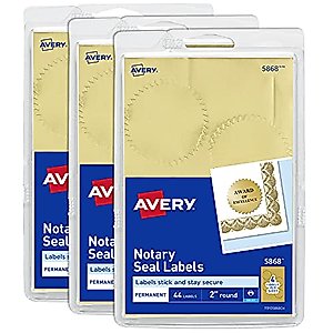 Avery Notary Seal Labels, 2" Diameter, Printable Gold Certificate Seals, Inkjet, 3-Pack, 132 Gold Seals Total (35868)