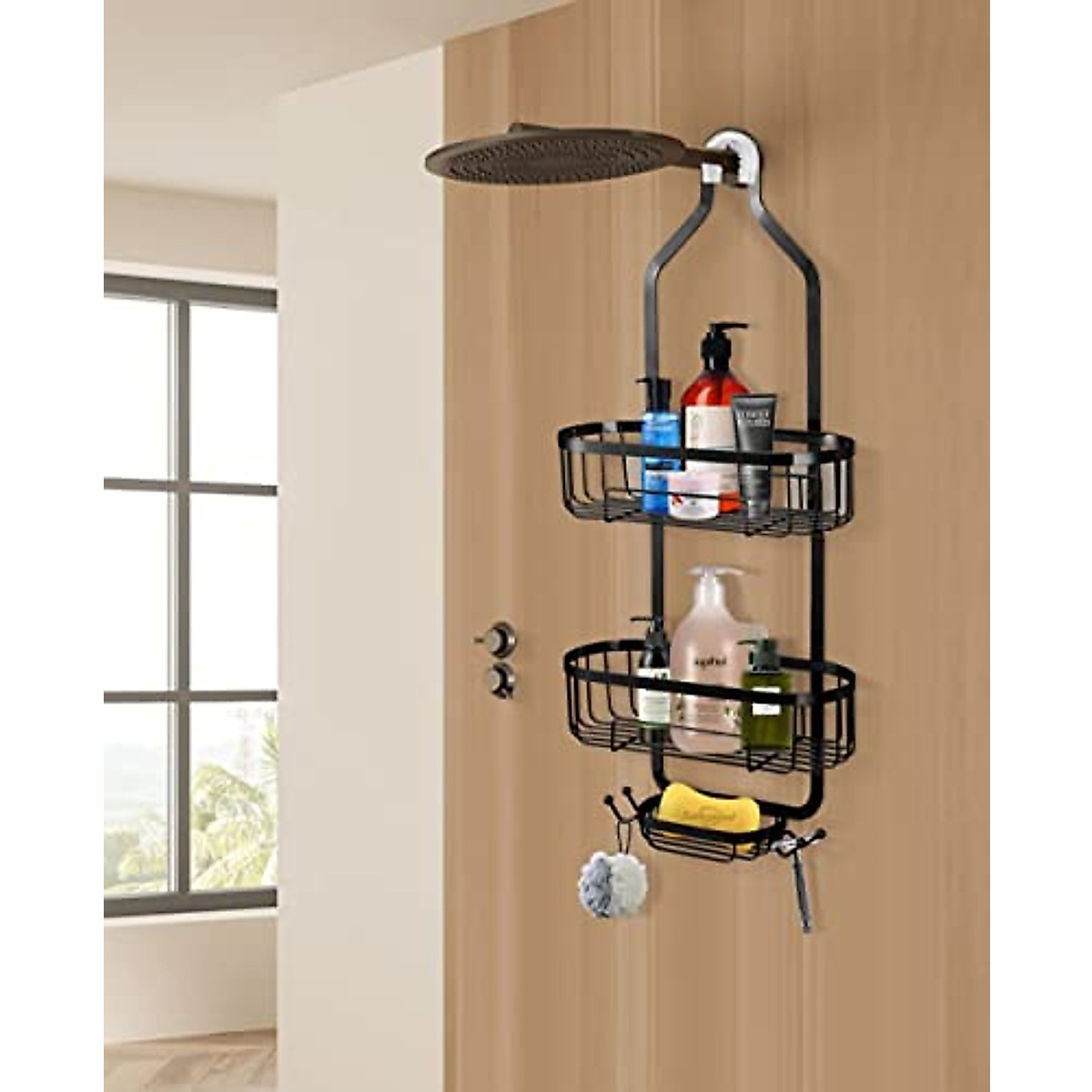 Innovatronic Bathroom Hanging Shower Organizer, Over Head Shower Caddy Basket with Hooks for Razor and Sponge, Rustproof, Anti-Swing (Black)