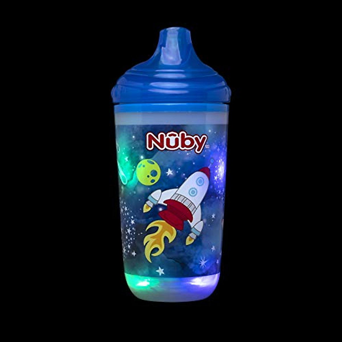 Nuby Insulated Light-Up Plastic Cup with No Spill Bite Resistant Hard Spout, 10 Oz, Blue Space