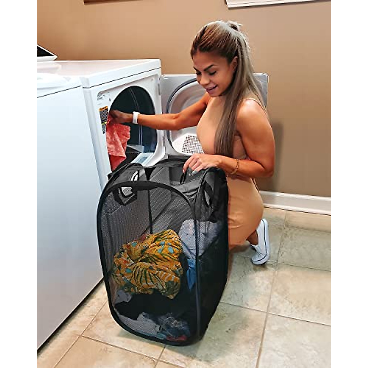 HOUSE AGAIN Mesh Popup Laundry Hamper, [Reinforced] Collapsible Laundry Basket, Foldable Pop Up Hamper with Durable Handles, Easy to Open and Fold for Dorm, Laundry Room, Bedroom, RV, (Black)