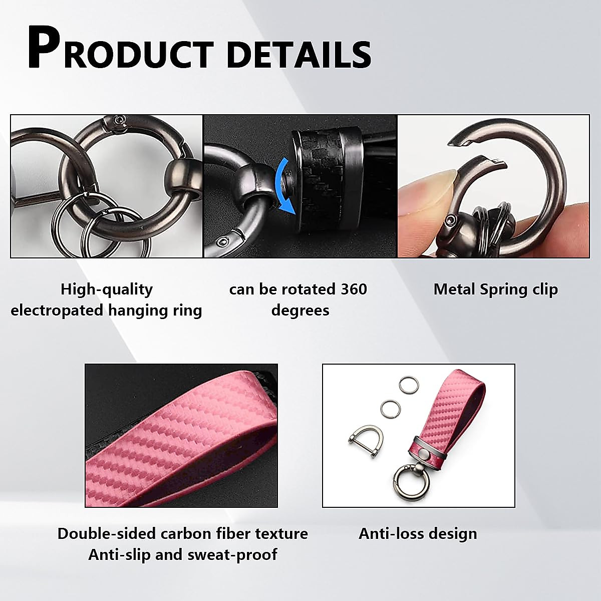 Kewucn Carbon Fiber Style Car Key Chain, Premium Leather Auto Key Fob with 360 Degree Rotatable and Anti-Lost D-Ring (Pink)
