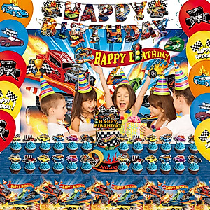 58 Pcs Hot Car Birthday Party Supplies,Included Banner,Hanging Swirls,Tablecloth,Cake Topper,Cupcake Toppers,Backdrop,Balloon for Boy and Girl Wheel Party Decorations