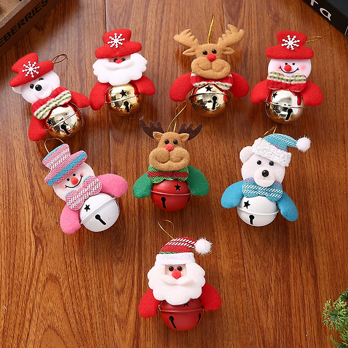 TOPZEA 16Pcs Christmas Bells Ornaments Pendant, Hanging Jingle Bells Felt Bulk Xmas Tree Decorations Santa Clause Snowman Reindeer Doll Elk Bear Ornament for Christmas, Door Home Decor