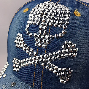 Kangqifen Women Rhinestone Pattern Distressed Denim Baseball Cap Sparkle Bling Hat Adjustable (Skull-03)