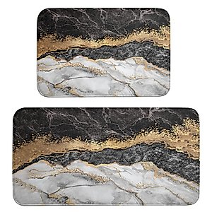 Harooni Marble Kitchen Mat 2 Pcs Anti Fatigue Black Gold Marble Kitchen Floor Mat Washable Water Absorbent Marble Look Kitchen Rugs for Bathroom Laundry Sink Kitchen Standing Mat