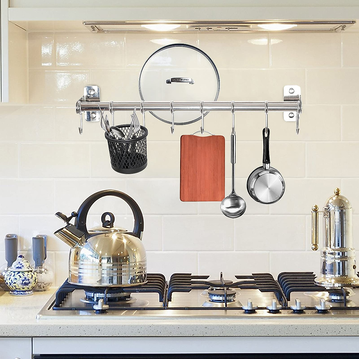 smart-hormarket 16-inch Pot Rack, 2 Packs Wall-Mounted Kitchen Pot Rack Double-Bar Stainless Steel Appliance Hanging Rack Kitchen Rail Organizer with 16 Hooks 40 X 7 X 6.5 cm