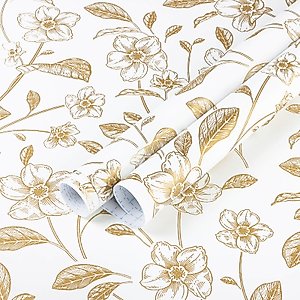 Heroad Brand Floral Peel and Stick Wallpaper Boho Contact Paper White and Gold Leaf Wallpaper Clearance Peel and Stick Wallpaper for Cabinets Shelf Liner Vinyl Roll Self Adhesive 78.7"x17.3"