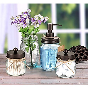Mason Jar Bathroom Accessories Set - Includes Liquid Hand Soap Dispenser and Qtip Holder Set - Rustic Farmhouse Decor Apothecary Jars Bathroom Countertop and Vanity Organizer (Bronze)