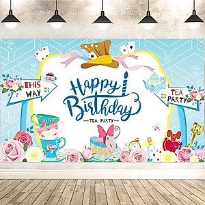 HOWAF Tea Party Birthday Party Banner, Large Fabric Alice Background Banner for Partea Birthday Party Decorations, Tea Kettle, Cupcakes, Butterfly Arts and Crafts for Outdoor Garden