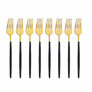 Snplowum 8-Piece Matte Black & Gold Dessert Fork, 7.48 Inch Daily Use Fork Set, Stainless Steel Fork For Dessert Appetizer Salad