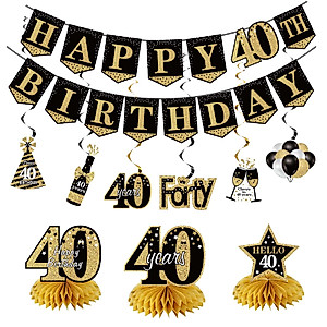 40th Birthday Banner Decorations for Men Women, 10Pcs Happy 40th Birthday Banner Honeycomb Centerpieces Swrils Kit, Forty Bday Banner Ceiling Table Topper Sign Party Supplies for Indoor Outdoor