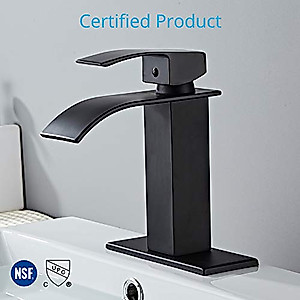 Wovier Matte Black Waterfall Bathroom Sink Faucet with Cover Plate,Single Handle Single Hole Brass Lavatory Vanity Faucet,Basin Mixer Taps with Supply Hose
