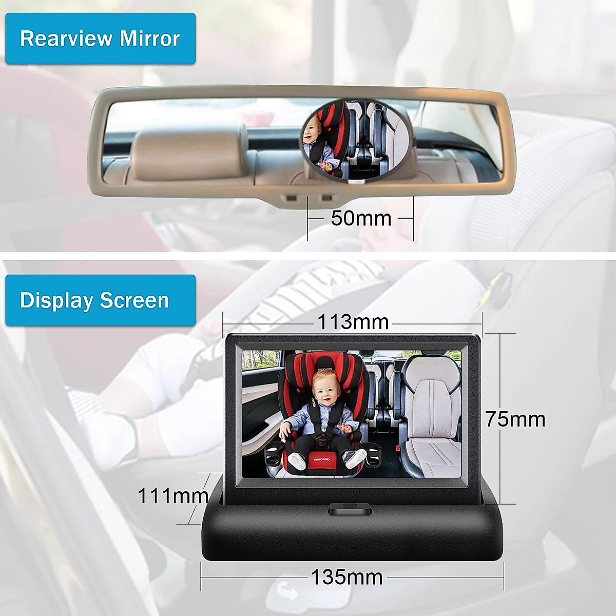 EVERSECU Baby Car Mirror Camera Monitor, 4.3'' HD LCD Car Mirror Display Monitor, Car Safety Seat Mirror Camera Monitor with Wide Crystal Clear View, Night Vision, Easily Watch Your Baby