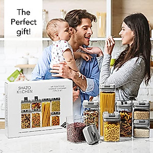 Shazo Airtight Container Set for Food Storage - 7 Piece Set + Heavy Duty Plastic - BPA Free - Airtight Storage Clear Plastic w/Gray Interchangeable Lids kitchen counter storage Bin -18 Labels+Marker