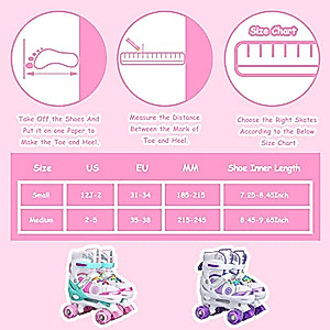 Kids Adjustable Roller Skates for Girls Boys Beginner, 4 Size Adjustable Roller Skates with Light Up Wheels and Colorful Shoelaces (Colorful Pink, Medium(2-5))