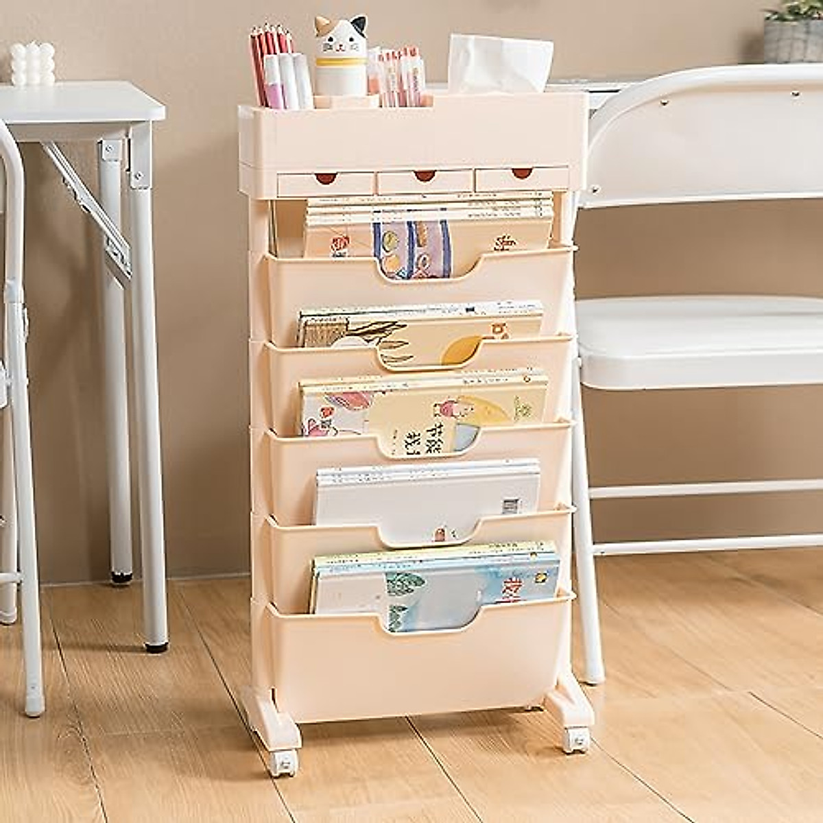 EFLALYHG Multifunctional Bookshelf, Mini Detachable Cart with Universal Wheels, Six-Tier Rolling Cart, Book Storage Organizer for Kitchen, Bathroom, Living Room, Office,Pink