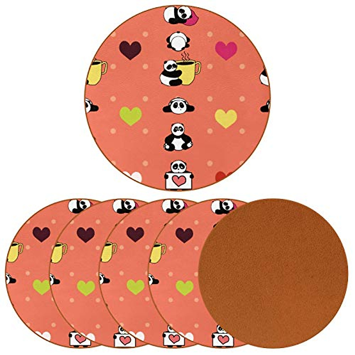 Coasters for Drinks Funny Sleepy Panda Coffee and Hearts Pattern Leather Round Mug Cup Pad Mat for Protect Furniture, Heat Resistant, Kitchen Bar Decor, Set of 6
