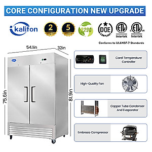 kalifon 54" Commercial Refrigerator with 2 Solid Door, 49 Cu.ft Reach-in Stainless Steel Freezer, Fan Cooling Freezer for Restaurant, Bar, Home, Shop, and Business(Equip 8 Shelves)