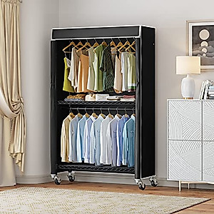 VIPEK V12C Heavy Duty Rolling Garment Rack with Cover Clothing Rack for Hanging Clothes Portable Closets with Adjustable 3 Wire Shelving & Double Rods, Wardrobe on Wheels, Black Rack with Black Cover