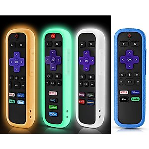 4 Pack Remote Cover for Roku, Case for Hisense/TCL Roku TV Steaming Stick/Express Universal Replacement Controller Silicone Sleeve Skin Glow in The Dark Orange White Light Green Blue with Lanyards