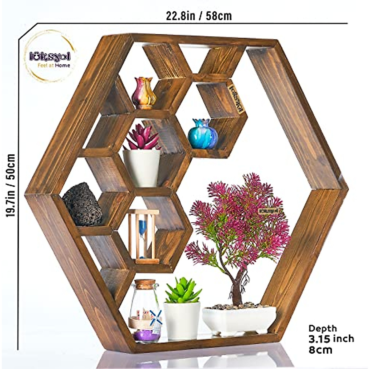 Luksyol Floating Wall Shelves Unique Design Bedroom Shelves, Honeycomb, Hexagon Shelf Wall Mounted, Kitchen Wall Shelves Handmade Wall Shelf for Bedroom from Natural Wood with 3 Cactus Pots