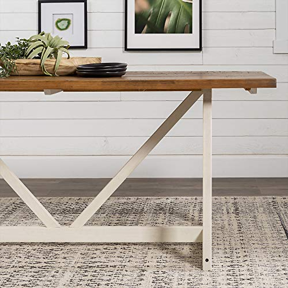 Walker Edison Modern Farmhouse Dining Table Wood Small Dining Room Table Sets Dining Chairs. 72 Inch. White and Rustic Oak