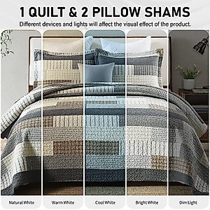 PERHOM Quilt Queen Size - 100% Cotton Farmhouse Rustic Queen Quilt Set, Cabin Bedding Set Bedspreads, Lodge Lightweight Patchwork Plaid Quilted Comforter for Queen Bed, Grey/Brown/Beige