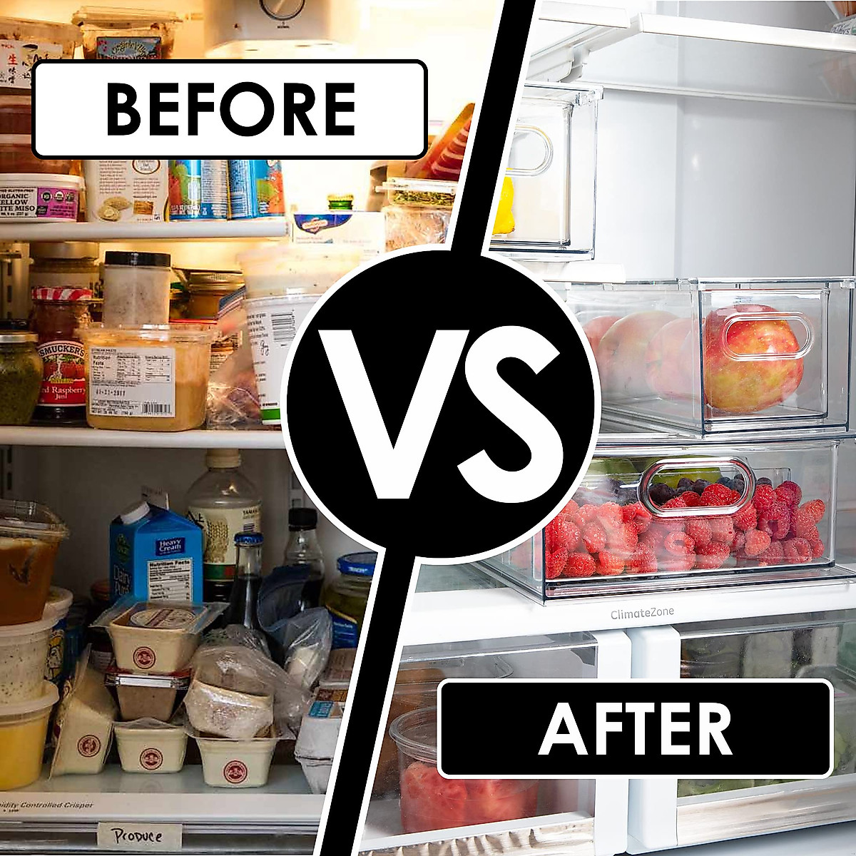 JRA products Pack of 3 Fridge Organizer with Pull-out Drawers Large Stackable Refrigerator Organizer Bins Set with Handles Clear Pantry Storage Bins for Kitchen, Freezer, and Cabinet