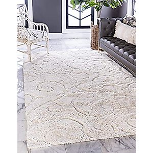 Unique Loom Shag Collection Modern Soft & Plush Textures with Floral Vine Design Area Rug, 5 ft x 8 ft, Ivory
