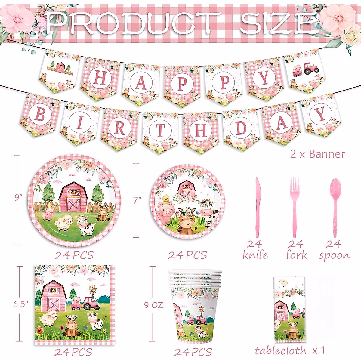 171Pcs Farm Animals Party Supplies Tableware Set Cute Pink Animal Baby Shower Includes Plate Napkins Cups Farm Tablecloth Banner for Farm Birthday Party Barn Animal Theme Party