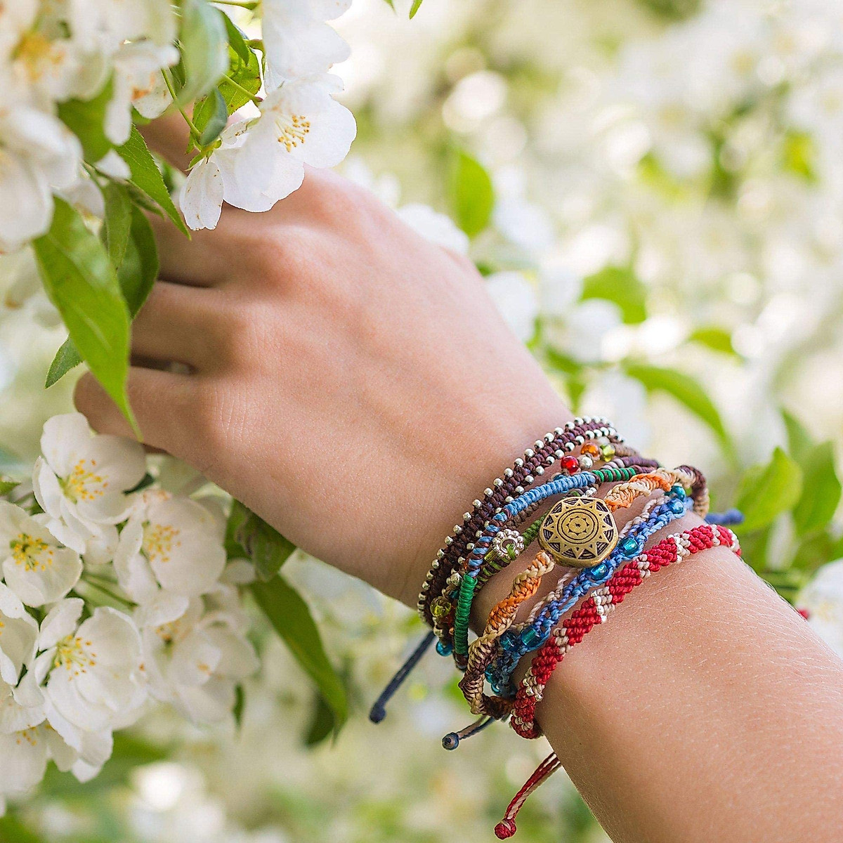 Wakami Earth Handmade Boho Bracelets Set of 7 | Braided Indie Bracelets for Women and Men | Beaded, Stackable, Handmade by Artisans, Waterproof Waxed Thread | EARTH