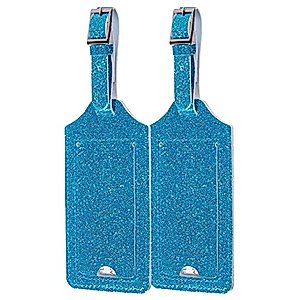 Gostwo 2 Pack Luggage Tags Leather Case Luggage Bag Tags Travel Tags(Glitter Blue)