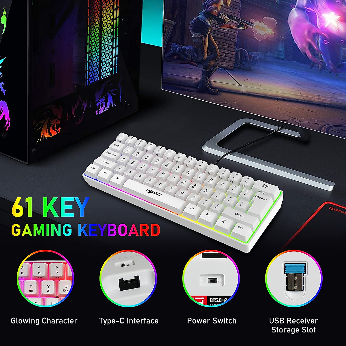 4 in 1 Wireless Gaming Keyboard Mouse and Converter with RGB Backlit Mini 61Key Ergonomic Honeycomb Shell 2.4Ghz USB Receiver Bluetooth Wired Adapter for PS4 PS3 Xbox Switch PC Mac Gamer Typist(White)
