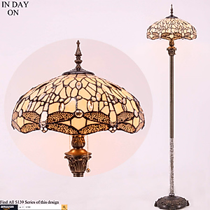 WERFACTORY Tiffany Floor Lamp Dragonfly Cream Stained Glass Standing Reading Light 16X16X64 Inches Antique Pole Corner Lamp Decor Bedroom Living Room Home Office S139 Series