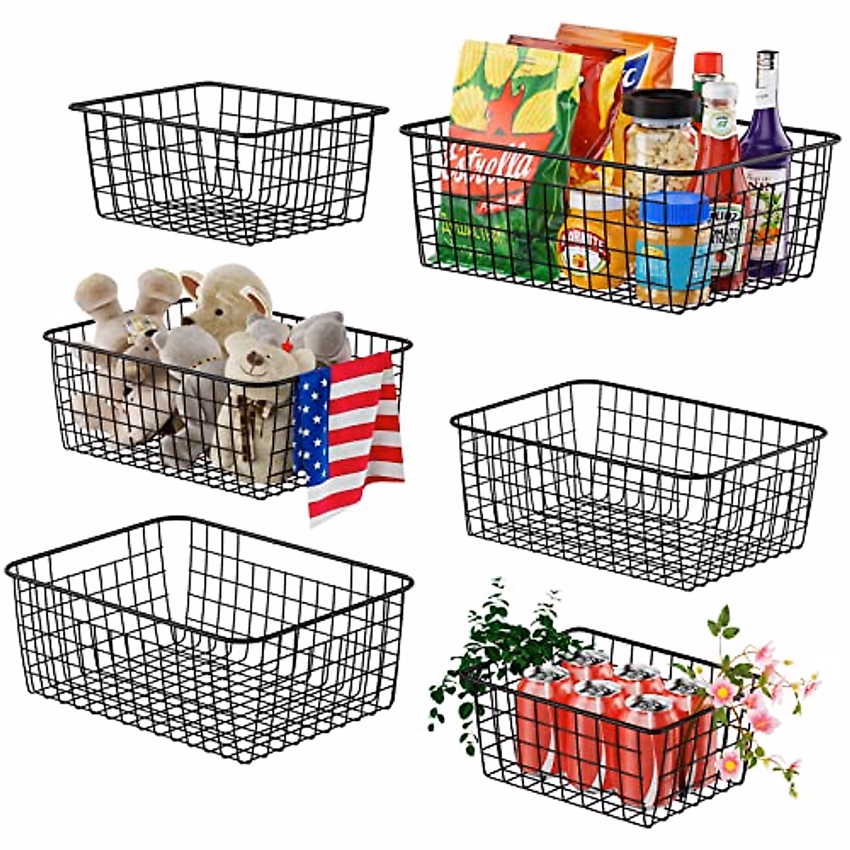 Wire Baskets, Warmfill 6 Pack Wire Storage Baskets Pantry Organization and Storage Metal Basket Bin for Shelf Pantry Kitchen Cabinet, Black (2 Small, 2 Medium, 2 Large)