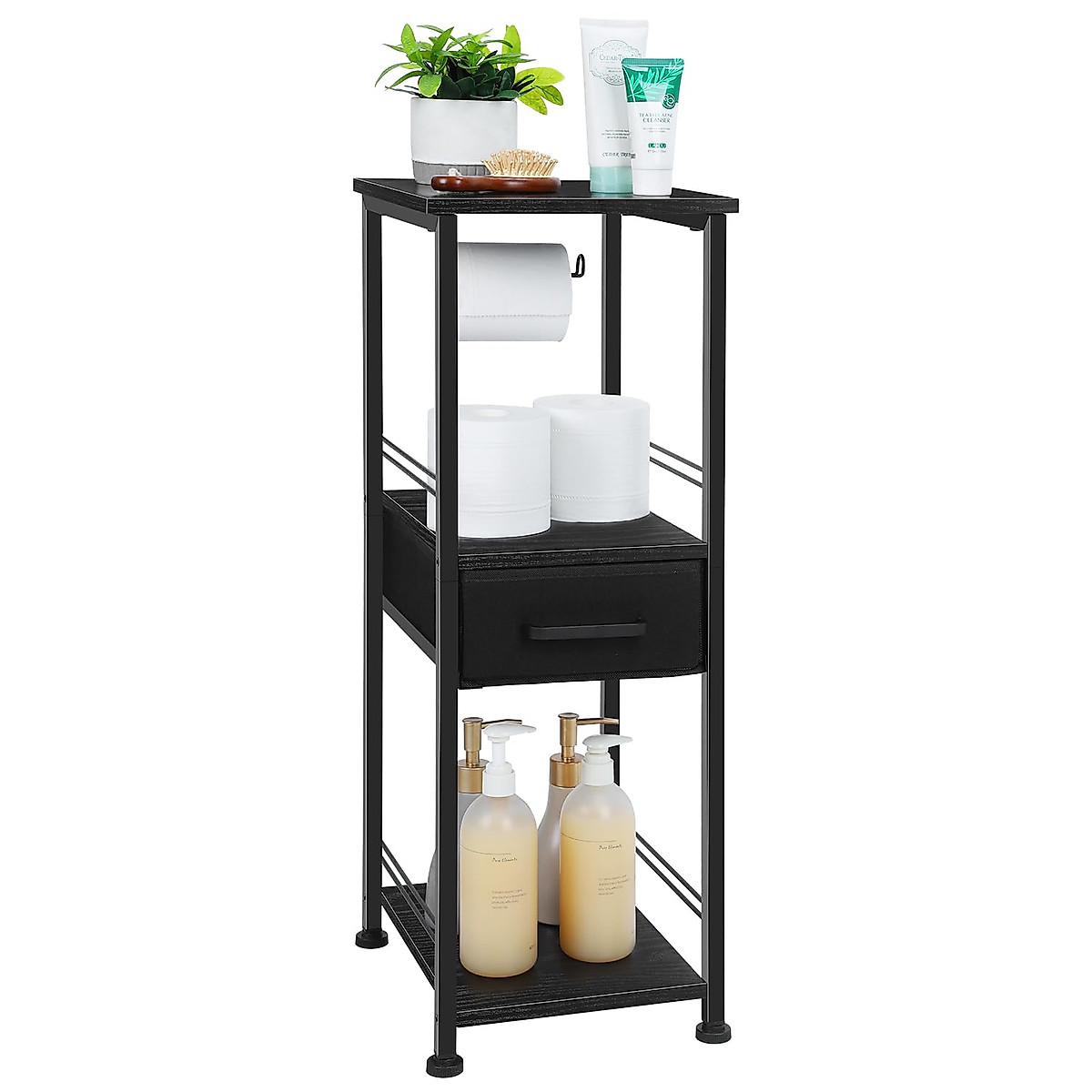 MOOACE Bathroom Storage Cabinet Free-Standing Bathroom Stand with Cloth Drawer Toilet Paper Storage Shelf 3 Tier Narrow Towel Organizer Cabinet for Small Space Bathroom Kitchen Laundry Room,Black