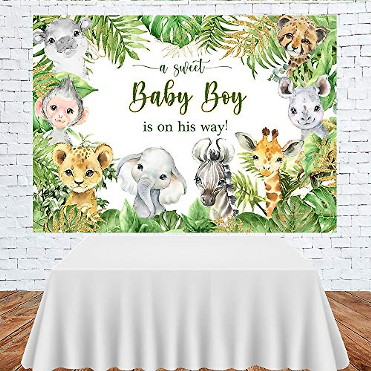 Lofaris Safari Baby Shower Backdrop for Photography Jungle Animals Baby Shower Background Newborn Baby Party Decorations for Boy Cake Table Banner 7x5ft