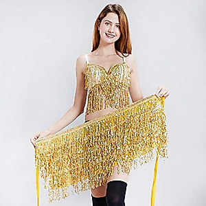 Women's Sequin Tassel Skirts Rave Fringe Hip Scarf for Festival(Gold)
