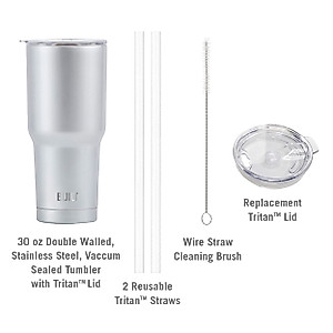 BUILT Double Walled Stainless Steel Tumbler Set with Replacement Lid, 2 Reusable Tritan Wire Straw Cleaning Brush in Gift Box, 1 Count (Pack of 1), Black, 30 fl.oz.